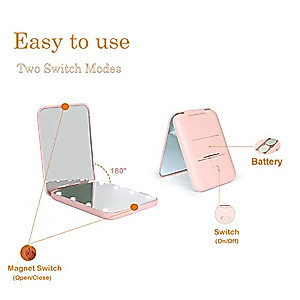 Kintion Pocket Mirror, 1X/3X Magnification LED Compact Travel Makeup Mirror, Compact Mirror with Light, Purse Mirror, 2-Sided, Portable, Folding, Handheld, Small Lighted Compact Mirror for Gift, Pink