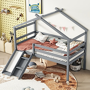 Bellemave Twin Size Kids Low Loft Bed,House Loft Bed with Slide and Ladder,Solid Wood Low Loft Bed with Safety Guardrails for Girls Boys,Grey