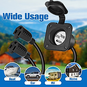 BEBOBLY 15 Amp AC Port Plug, 125V Power Inlet Socket with Waterproof Cover & Integrated Dual 18" Extension Cord, 2 Pole 3-Wire NEMA 5-15 Flanged Generator Inlet Plug for RV Boat Electrical Connections