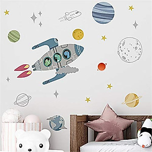 ROFARSO Cartoon Cute Dinosaurs on Rocket Wall Stickers Planets Outer Space Stars DIY Vinyl Removable Large Wall Decals Art Decorations Decor for Kids Boys Bedroom Living Room Playing Room Murals