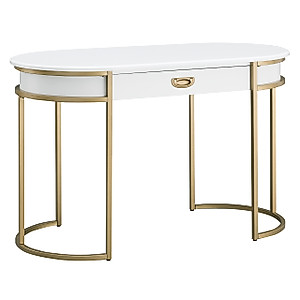 Leick Home 85405 Oval Metal Leg Desk with Drop Front Keyboard Drawer, Cottage White/Gold