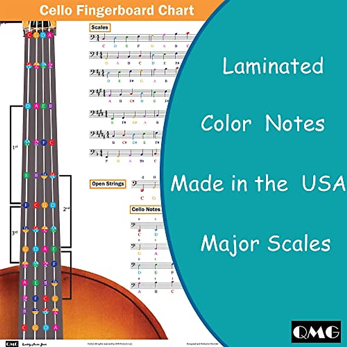 QMG Cello Fingering Chart with Color-Coded Notes, Cello Scales Techniques Suitable for All Levels