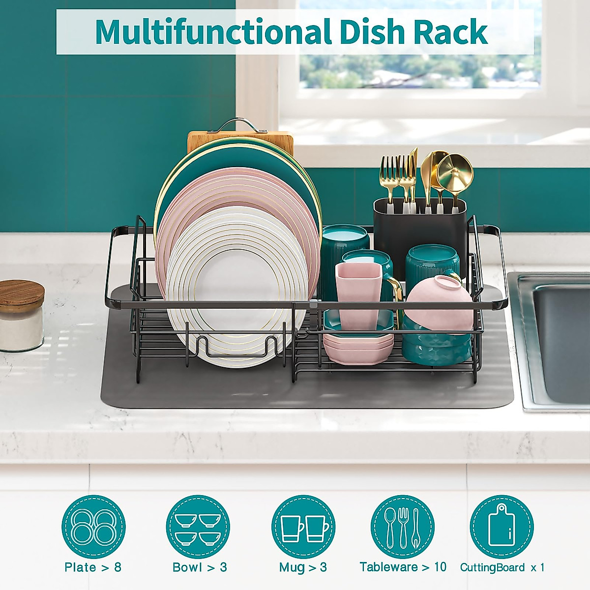 Urackify Expandable Dish Drying Rack Over The Sink, Adjustable Dish Rack in Sink, Rustproof Dish Drainer for Kitchen Counter, Dish Strainer with Utensil Holder, Large Size