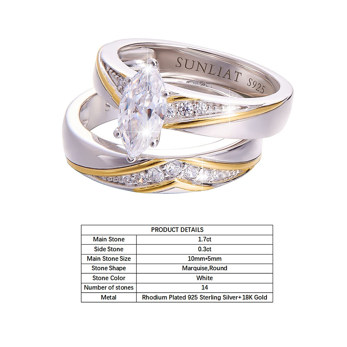 SUNLIAT Wedding Engagement Rings for Women, 925 Sterling Silver Marquise Cut Cubic Zirconia Bridal Rings Set, Wedding Band Promise Rings for Her Simulated Diamond Anniversary Ring