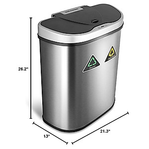 NINESTARS Automatic Touchless Infrared Motion Sensor Trash Can/Recycler with D Shape Silver/Black Lid & Stainless Base, 18 Gal, Stainless Steel