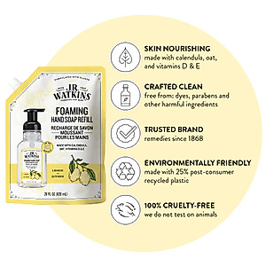 J.R. Watkins Foaming Hand Soap Refill, Moisturizing Foam Hand Wash, All Natural, Alcohol-Free, Cruelty-Free, USA Made, Lemon, 28 fl oz, 3 Pack