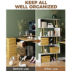 Gadroad 5 Tier Geometric Bookcase,S Shaped Bookshelf, Wood Decorative Storage Shelving, Modern Freestanding Display Shelves, Tall Book Shelf Unit for Living Room Bedroom, Gold
