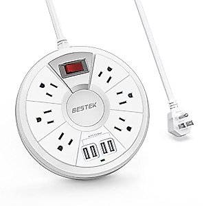 Travel Power Strip, BESTEK 6Ft Extension Cord with 4 USB Ports and 6-Outlet (13A 125V), Surge Protector Power Strip for Dorm Room, Bedside, Cruise Ship, 220J, White