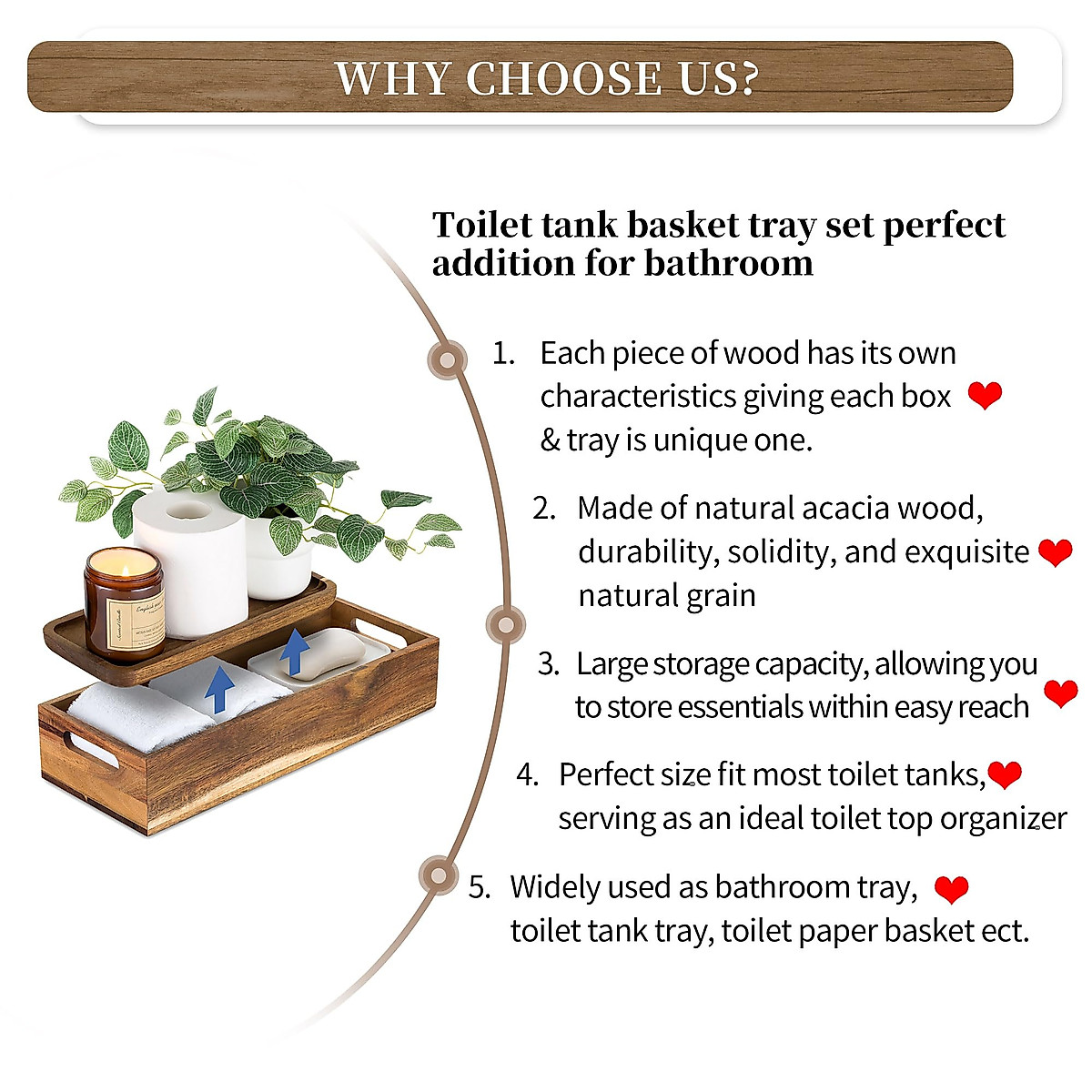 Toilet Tank Basket Wood Bathroom: Hanobe Set of 2 Wooden Toilet Paper Basket Topper with Vanity Tray Back of Toilet Organizer Acacia Toiletry Storage Holder Box