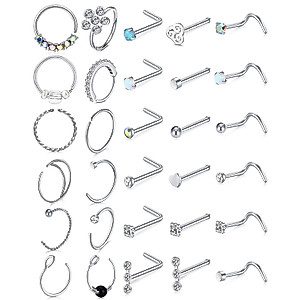Longita 20g Nose Rings Surgical Steel L Shape Studs Stainless Thin Ring Hoop Silver Pack Screw Bone Opal Diamond Heart Nostril Piercing Jewelry for Men Women