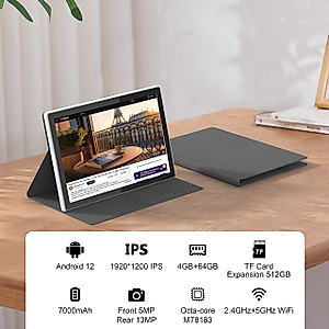 BYYBUO Android Tablet 10.1 Inch, Android 12 Tablet with Case, 1920x1200 IPS FHD Display, 2.0 GHz Octa-Core Processor, 4GB RAM 64GB ROM 7000mAh Battery,Dual Camera,WiFi,Bluetooth,GPS