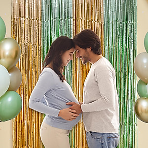 LOLStar Sage Green and Gold Party Decorations 2Pack 3.3X6.6ft Foil Fringe Curtains,Safari Green Baby Shower Decor also Perfect for Christmas Wedding Party,Princess Themed woodland Birthday Decorations