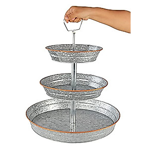HOME-X Galvanized 3-Tier Stand, Rustic Home Decor, Farmhouse Kitchen Tray, Metal Fruit Stand and Dessert Stand, Tier Party Serving Tray, 17" D x 19 ½” H, Silver