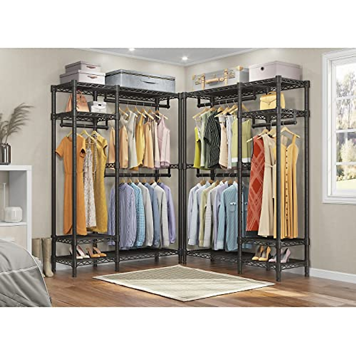 VIPEK V2 Garment Rack Metal Clothing Rack for Hanging Clothes, 4 Tiers Wire Shelving Clothes Rack with 3 Hanging Rods, Free Standing Closet Wardrobe, 45" Lx16.5 Wx76.4 H, Max Load 600LBS, Black