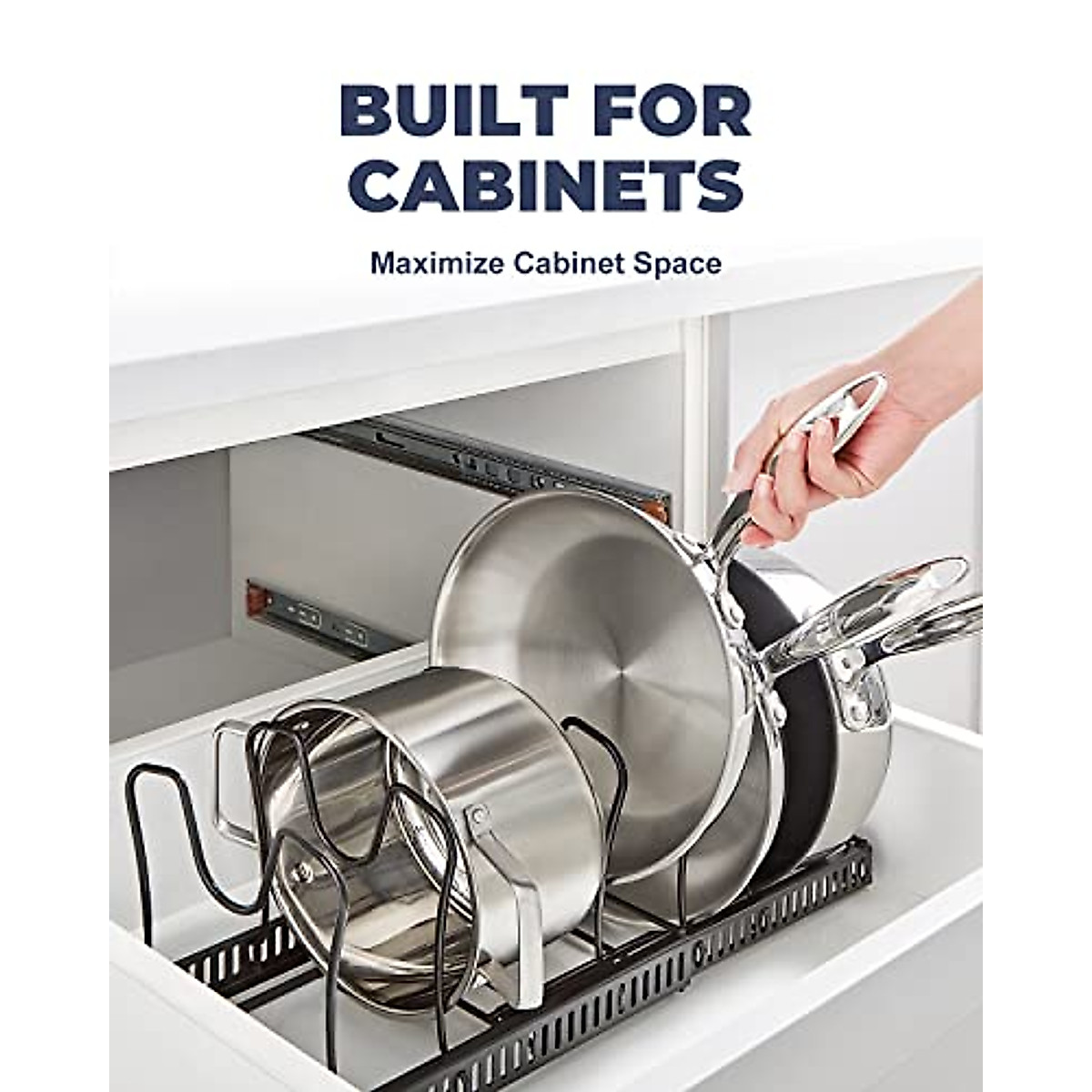 BRONYPRO Expandable Pots and Pans Organizer For Kitchen Cabinet, Rustproof Kitchen Organization And Storage Rack with 12 Slots, Anti-Scratch for Baking Sheet, Pans, Lids, Kitchen Must Have (Black)