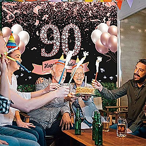 Trgowaul 90th Birthday Decorations for Women - Rose Gold 90th Birthday Backdrop Banner for her, Happy Birthday Party Suppiles Photography Supplies Background