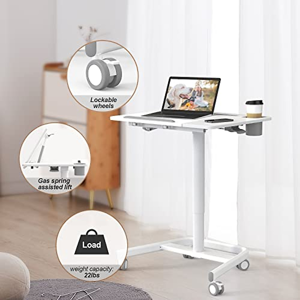 JOY worker Mobile Standing Desk, Pneumatic Height Adjustable Table, 60° Tiltable Rolling Laptop Desk, Portable Sit Stand Desk with Wheels Cup Holder for Bed Couch School, Holds Up to 22lbs, White