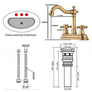 Bathroom Faucet Antique Brass GGStudy 2 Handles 4 Inches Centerset RV Bathroom Vanity Faucet with Drain Assembly and Supply Hose Lavatory Faucet Mixer Double Handle Tap