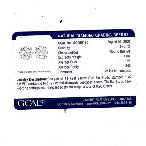 14k Yellow Gold 1 Ct T.W. Round-Cut Natural Certified Diamond Studs 4-Prong Women's Earrings With Screw Backs