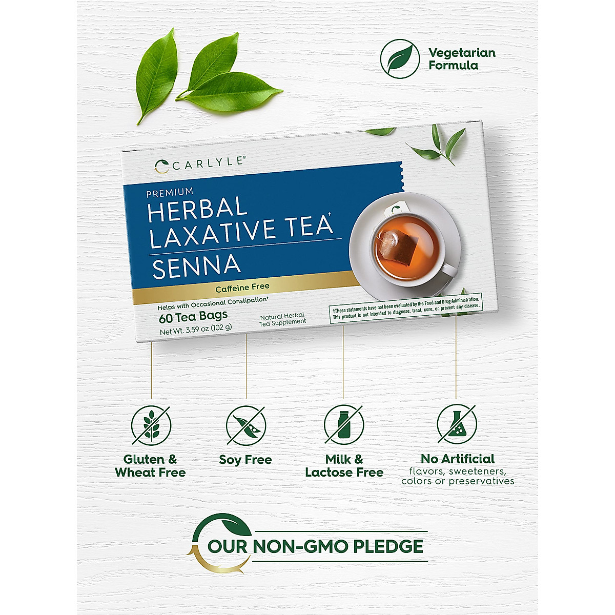 Carlyle Herbal Laxative Senna Leaf Tea | 60 Tea Bags | No Caffeine | Helps with Occasional Constipation | Vegetarian, Non-GMO & Gluten Free
