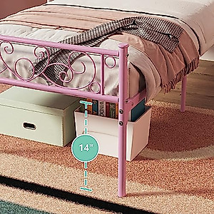 Elephance Twin Size Bed Frame with Headboard and Footboard, Metal Platform Bed Frame with 14 Inch Storage Space Mattress Foundation No Box Spring Needed for Girl Pink