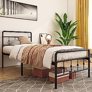 HOBINCHE Twin Metal Bed Frame with Vintage Headboard and Footboard,Victorian Style Platform Bed Frame,Sturdy Heavy Duty Slat Support,No Box Spring Needed, Noise Free,Black