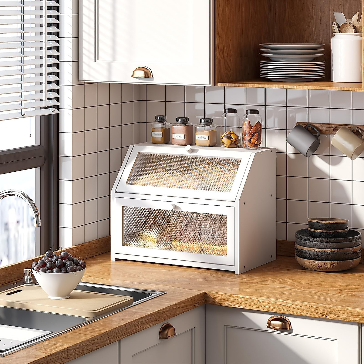 STDDRE Bread Box for Kitchen Countertop Bin Double Layer Bread Box Storage Container Extra Large Capacity Farmhouse Bread Box with Diamond Pattern Windows(Bamboo White)