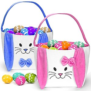 Atonofun 2 Packs Easter Basket Set, Easter Bunny Basket Gift Baskets Bags for Kids, Canvas Tote Bags Bunny Easter Bucket for Easter Eggs Hunt, Kids Easter Party Favor (Blue, Pink)