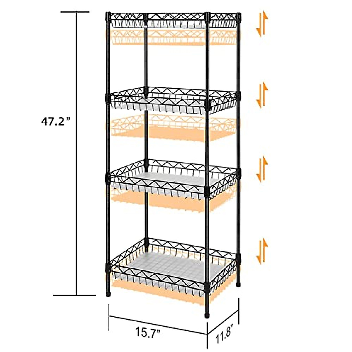 Guangfoshun Storage Shelves, 4-Tier Wire Shelving Unit with Baskets Storage Rack Corner Shelf Shelving Adjustable Storage Shelf, 11.8" D x 15.7" W x 47" H, Black