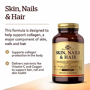 Solgar Skin, Nails & Hair, Advanced MSM Formula, 120 Tablets - Supports Collagen for Hair, Nail and Skin Health - Provides Zinc, Vitamin C & Copper - Non GMO, Vegan, Gluten & Dairy Free - 60 Servings