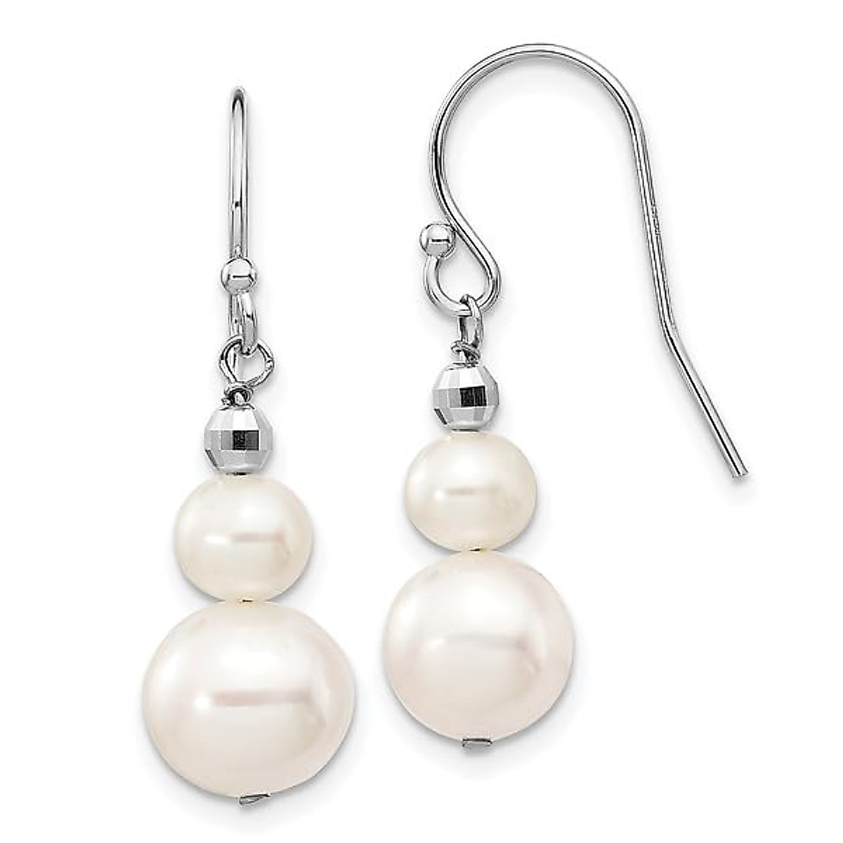14K White Gold 6 9mm Round Freshwater Cultured Pearl Graduated Drop Dangle Earrings