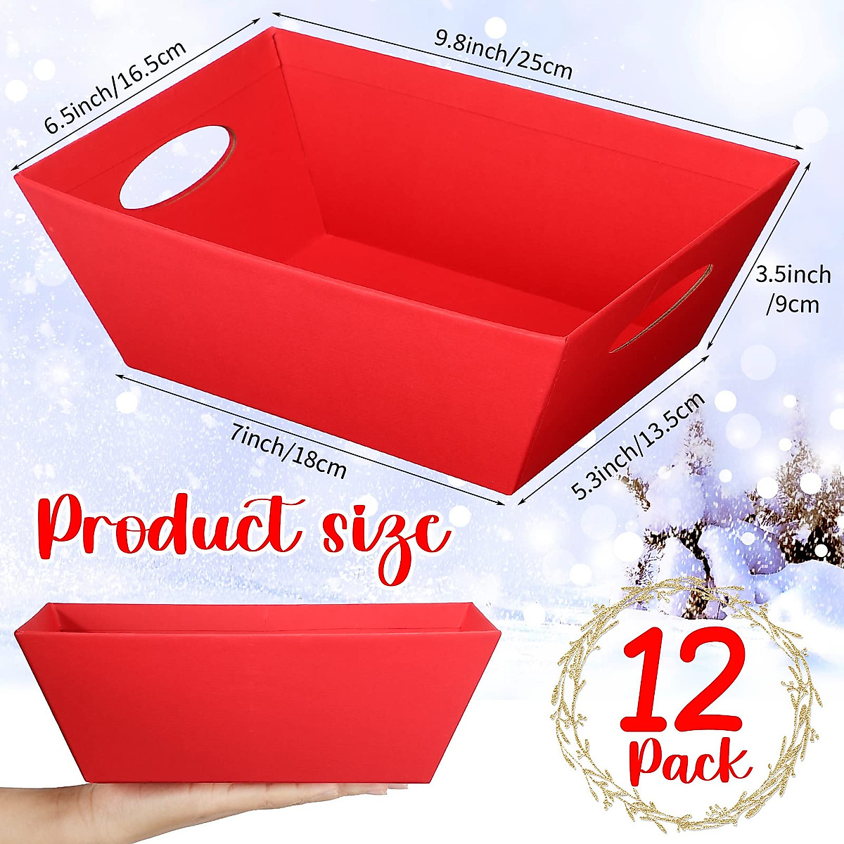 12 Pcs Small Basket for Gifts 9.8 x 6.5 Inch Empty Sturdy Cardboard Trays with Handles Bulk Gift Basket Market Tray Favor for Valentines Mother's Day Birthday Wedding (Red, Simple)