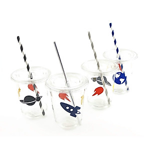 Space Party Cups Galaxy Rocket Birthday Disposable with Lids Straws (12 Set)