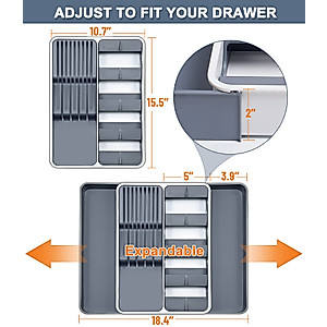 Kitchen Drawer Organizer, Silverware Organizer w/ Knife Block, Expandable Utensil Organizer and Cutlery Tray for Drawers, Large Silverware Tray for Kitchen Utensils Flatware Knives Storage & Organize