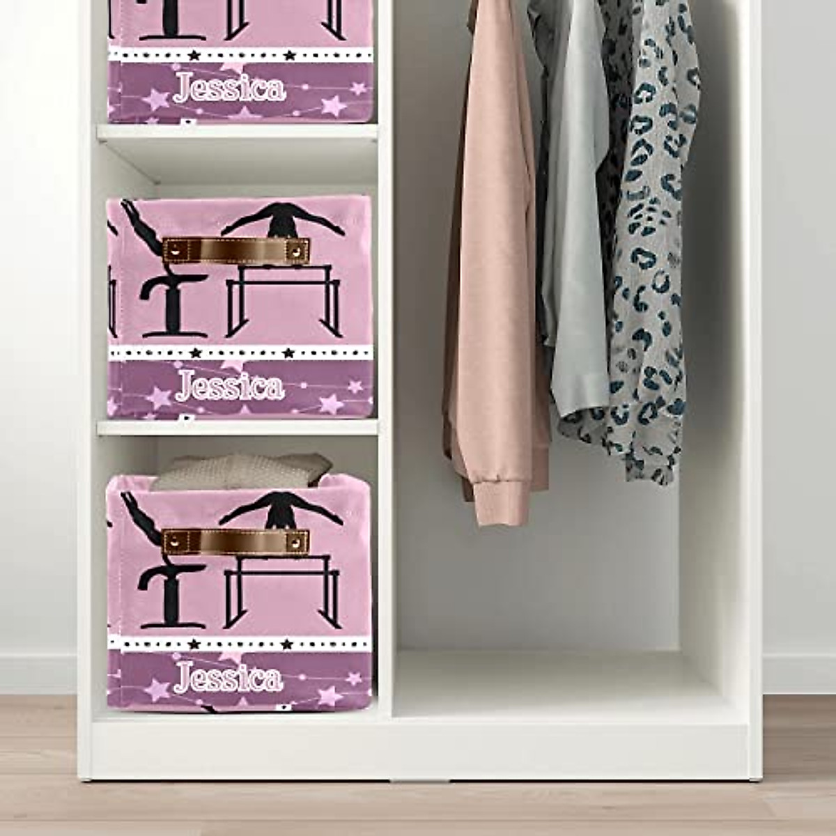 Gymnast Move Stars Red Pink Foldable Custom Personalized Name Storage Bins Basket Cubic Clothes Supplies Organizer,Durable Handle