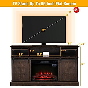 LGHM Fireplace TV Stand, Entertainment Center for 65 Inch TV, 58" Farmhouse TV Stand with 23" Electric Fireplace, Tall Entertainment Stand with Sliding Barn Door, Espresso