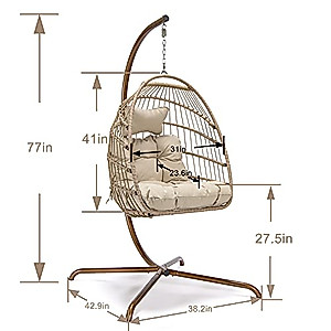 OUTPLATIO Swing Egg Chair with Stand Golden Indoor Outdoor 350lbs Capacity Hanging Rattan Hammock Chair with UV Resistant Cushion Collapsible Foldable Basket for Bedroom Balcony Patio Garden (Beige)