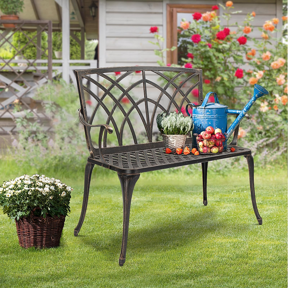 VINGLI 38" Outdoor Bench Cast Aluminium Garden Bench, Orchid Porch Bench Patio Bench Deck Furniture for 1-2 Person Seat(Bronze)