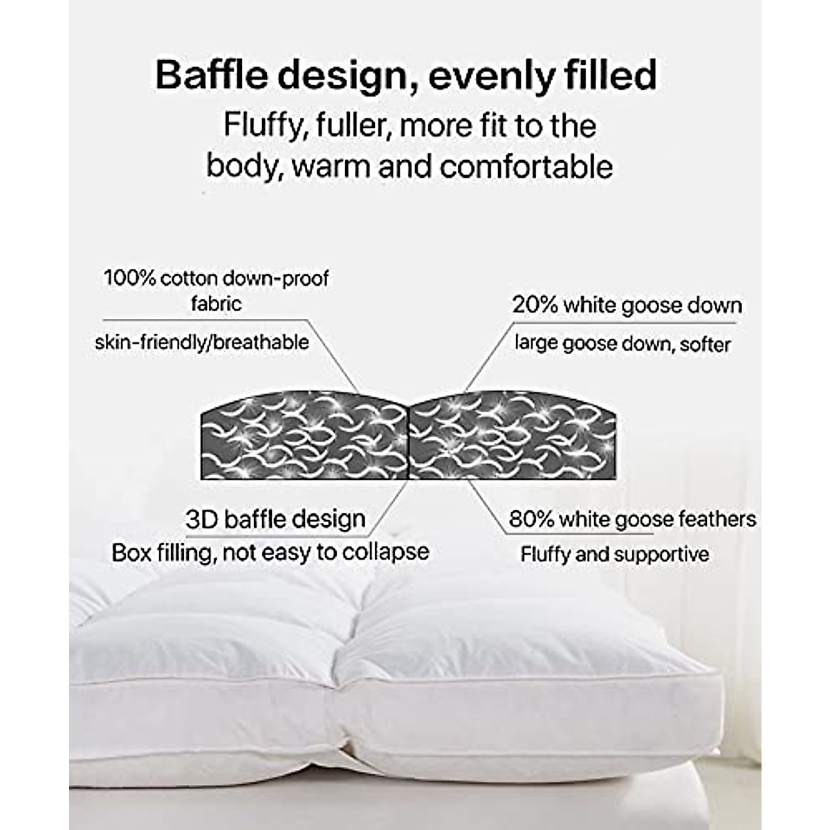 ROSE FEATHER Goose Down Feather Bed Mattress Topper,Down Matress Topper Cover with Straps, Breathable Soft Fluffy Baffled Pillowtop Mattress Pad Feather Topper Queen-All Season,Size:60x80inchs