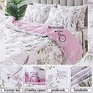 FADFAY Purple White Floral Duvet Cover Sets Queen 100% Cotton Lilac Lavender Reversible Comforter Cover French Country Bedding All Season Soft Crisp Green Leaves Bed Cover with Zipper 3 Pieces