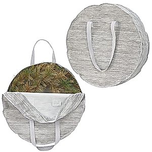 mDesign Round 19" Wreath Storage Container with Handles - Fabric Christmas Wreath Storage Bag and Protector - Garland Storage Bag Container - Holiday Decoration Organizer - 2 Pack, Striped Taupe/Tan
