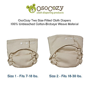 Osocozy Two Sized Fitted Cloth Diaper - 6 Count (Pack of 1) - Soft, Durable and Absorbent 100% Cotton Birdseye Weave Material. Easy to Use Snap Closures. Size 1 Fits 7-18 lbs
