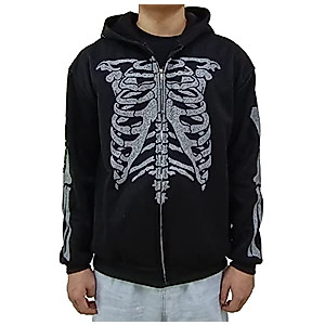Lokkcy Y2K Rhinestone Skeleton Hoodie 2022 for Men Women, Skull Sweater Print Long Sleeve Zip Up Spider Hoodies-M