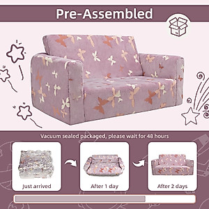 CREAWELLAY Comfy Toddler Couch Chair, Soft Chair for Kids 2 Seats, 2 in 1 Plush Fold Out Kid Sofa Chair, Convertible Sofa to Lounger Sleeper Chair for Girls and Boys, Glow Butterfly