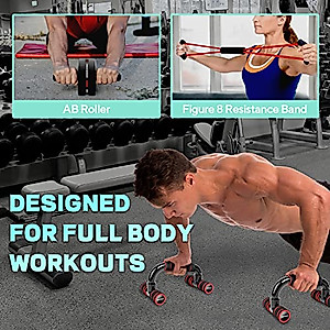 Ab workout equipment, 13-in-1 Roller Wheel Kit, Machine with Resistance Bands, Push Up Bar, Jump Rope, Grip Strength Trainer, Pulling Mat, Perfect for Home & Gym Fitness Equipment