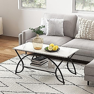 COSTWAY 2-Tier Coffee Table, Modern Faux Marble Accent Table with Storage and Gold Finished Metal Frame, Chic Rectangular End Table for Living Room Office Lounge (White+Black)