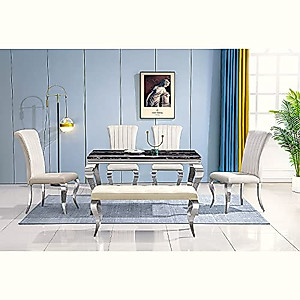 AZhome Bench, Beige Velvet Upholstered Dining Room Bench in Button Tufted, Exquisite Silver Stainless Steel Legs