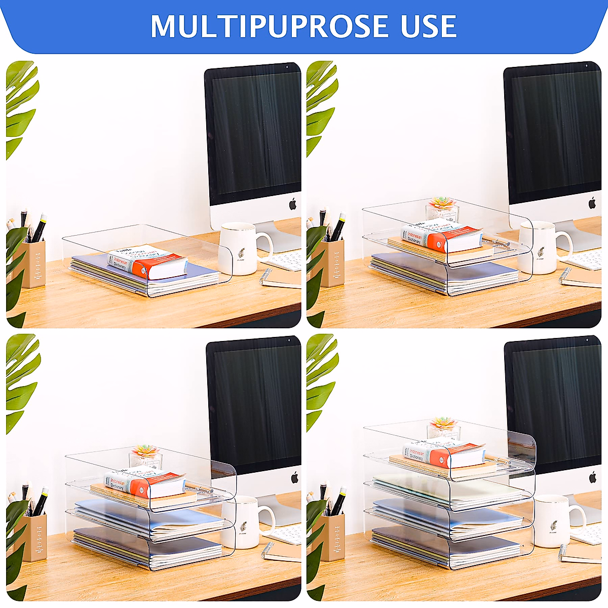 CiWiVOKi Set of 4 Office Organization and Storage, Clear PET Letter Tray Desk Organizer, Stackable Paper Tray Organizer for Desk Accessories, Notes, Pens, File Paper, Document