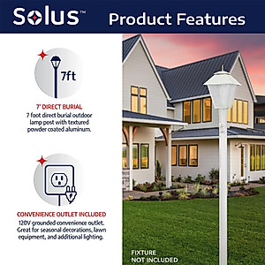 Solus SP7-CNCA-WH 7' Outdoor Direct Burial Lamp Post with Convenience Outlet, Fits 3" Post Top Fixtures, Includes Inlet Hole, Easy to Install, Corrosion & Weather Resistant, White