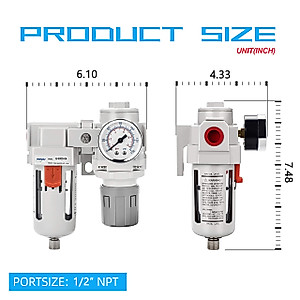 NANPU 1/2" NPT Compressed Air Filter Regulator Combo Piggyback, 5 Micron Element, Poly Bowl, Semi-Auto Drain, Bracket, Gauge (ARF4000)
